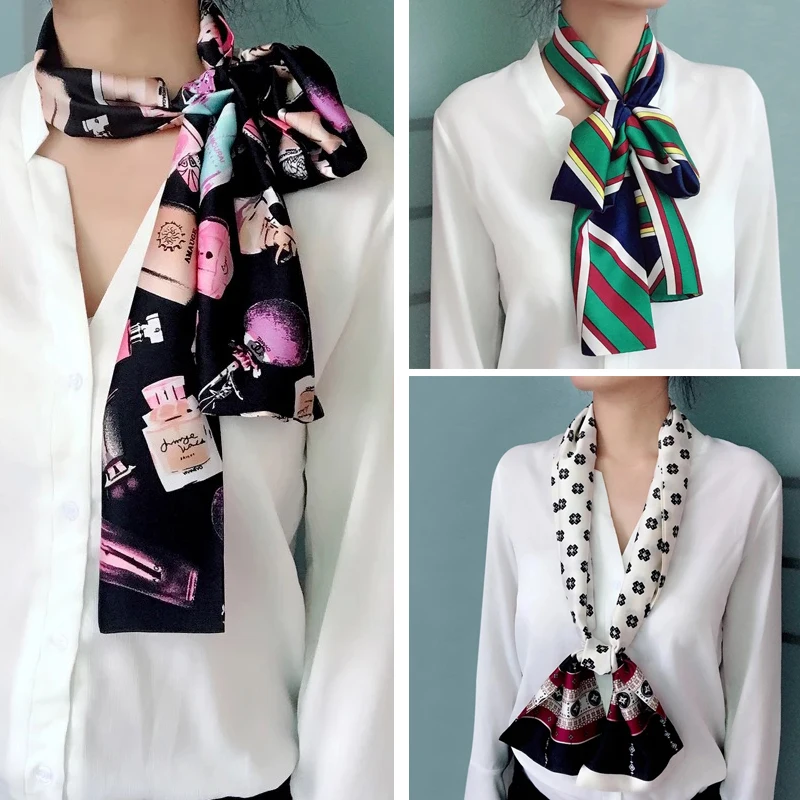 Fashion Small Long Silk Scarf For Women Satin 145X15CM Double-sided ...
