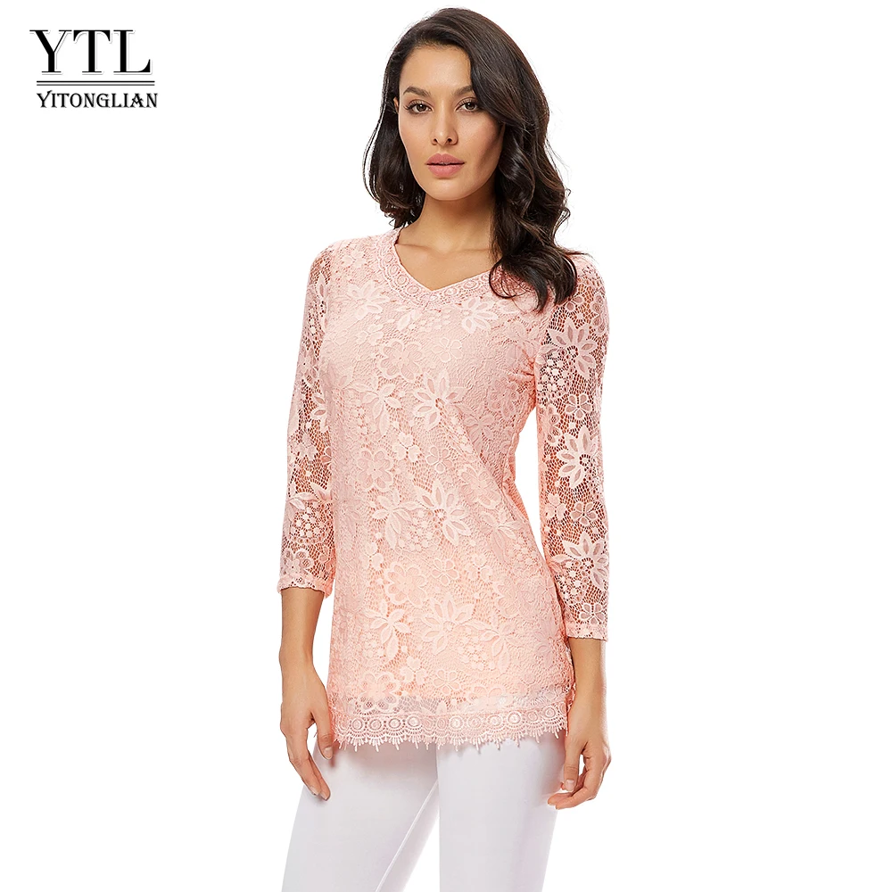 New-Women-Lace-Blouse-Three-Quarter-Sleeve-Floral-Vintage-Tops-Round ...