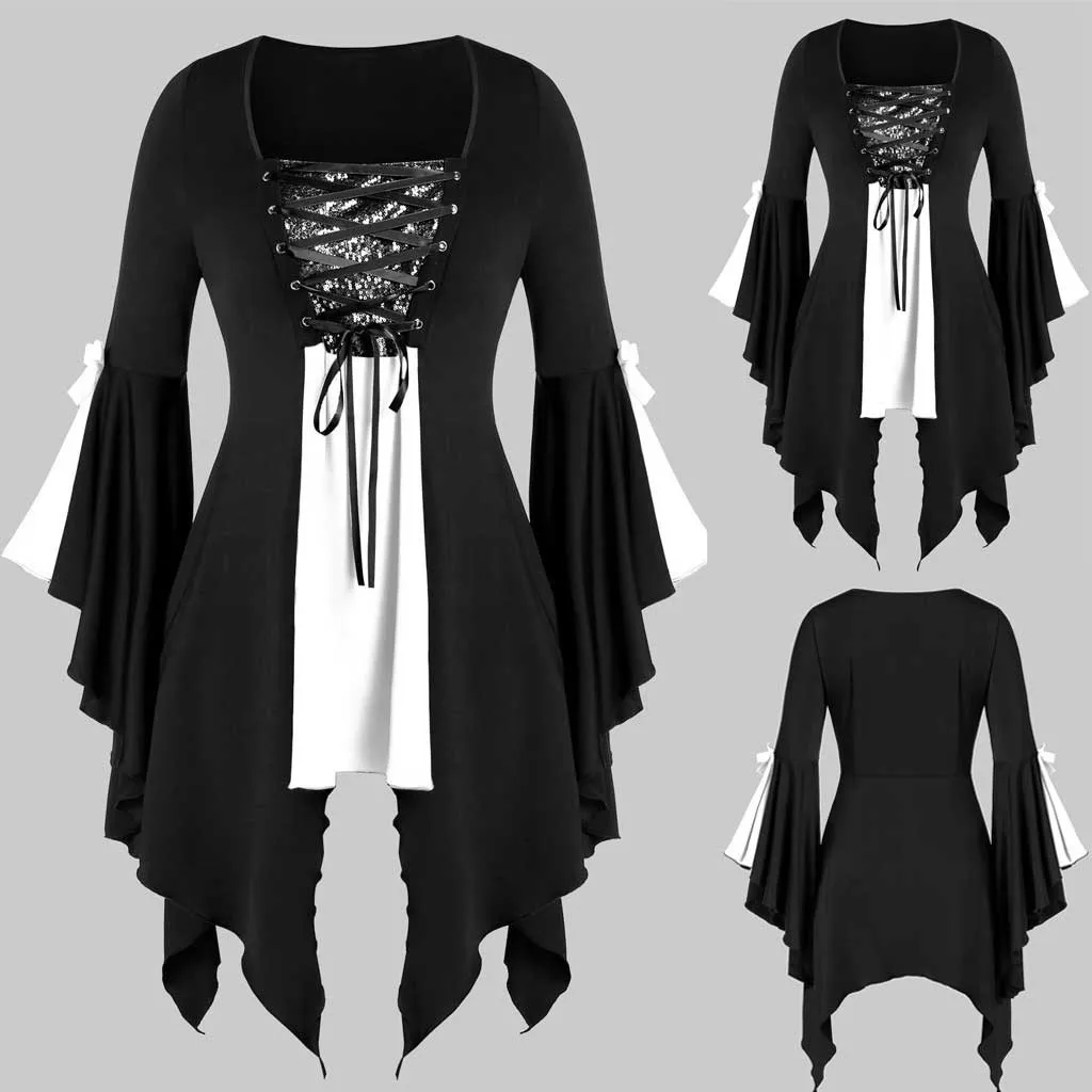 Plus Size Sequined Gothic Tunic Blouse Shirt Lace Up Tops Casual Autumn ...