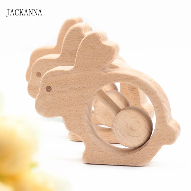 Beech Wood Rabbit Teethers Organic Wood Baby Rattle Teething Montessori ...