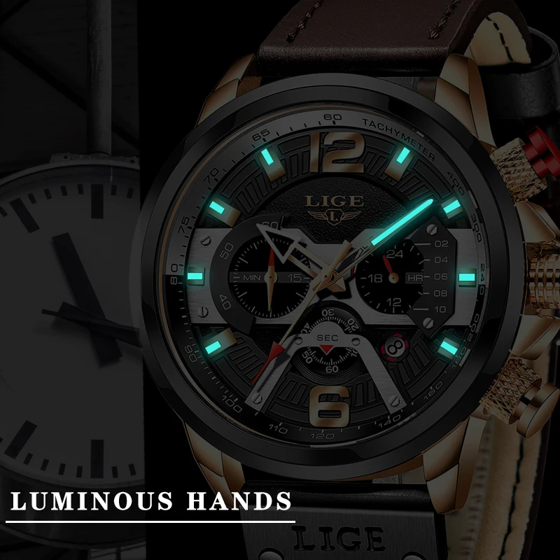 New Mens Watches LIGE Top Brand Leather Chronograph