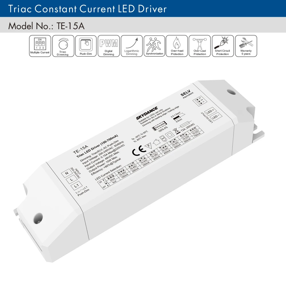 Led Triac Dimming Driver TE-15A/25A/36A 200-240V input,Output 15-36W 150-1200mA constant current ...