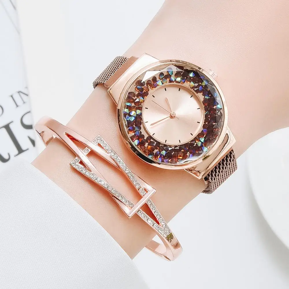 Luxury-Women-Magnet-Watch-Fashion-Rose-Gold-Ladies-Crystal-Quartz-Wrist ...