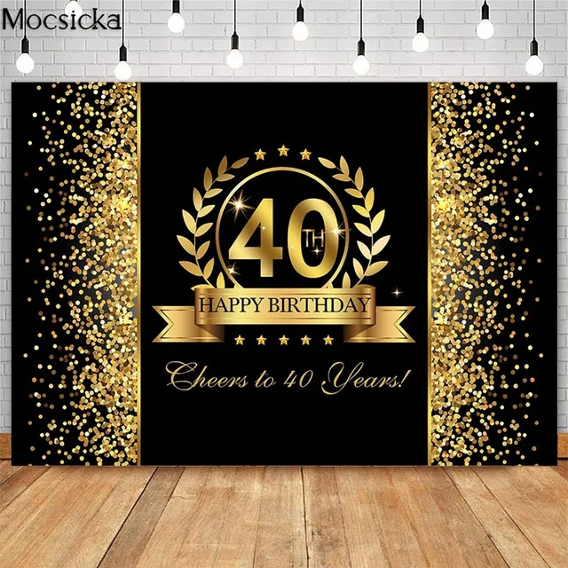 Mocsicka Happy 40th Birthday Backdrop Golden Glitter Balloon Flowers ...