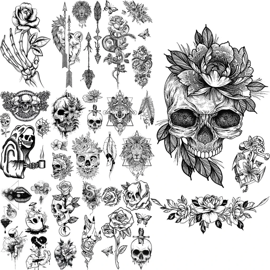 Skeleton Skull Temporary Tattoos For Women Adults Realistic Wolf Snake ...