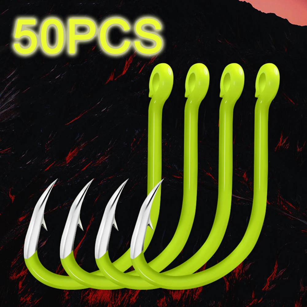 50pcs Fluorescent Fishing Hooks Barbed Single Circle Carp Hook Carbon ...