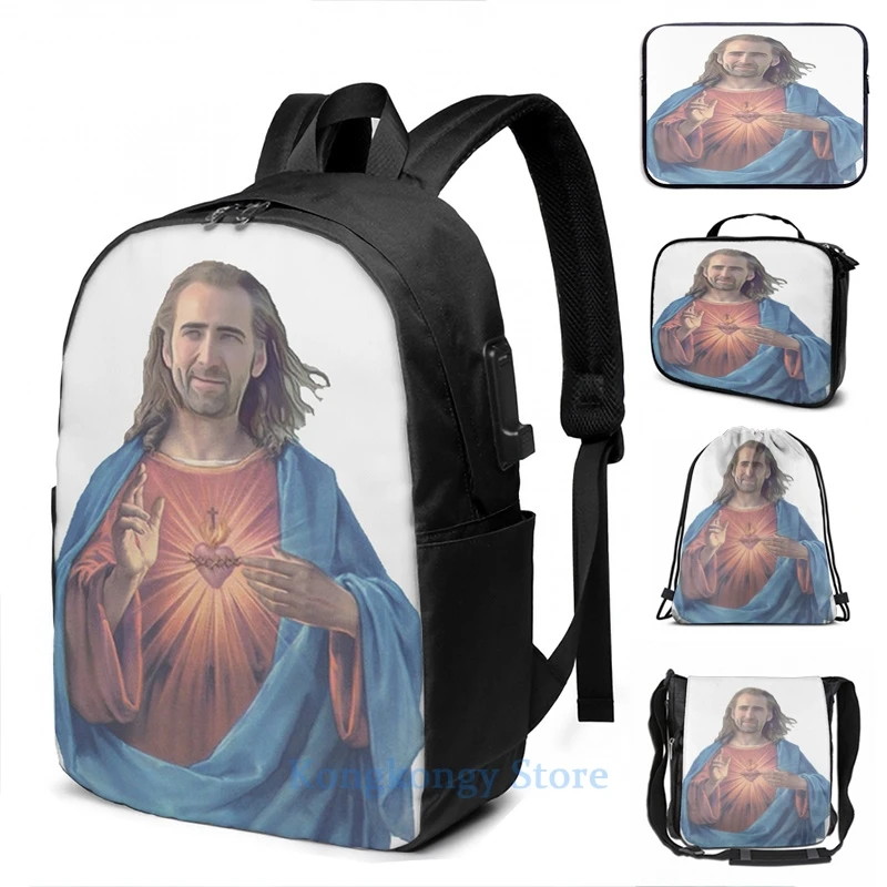Funny Graphic print Nicolas Cage is Jesus USB Charge Backpack men ...