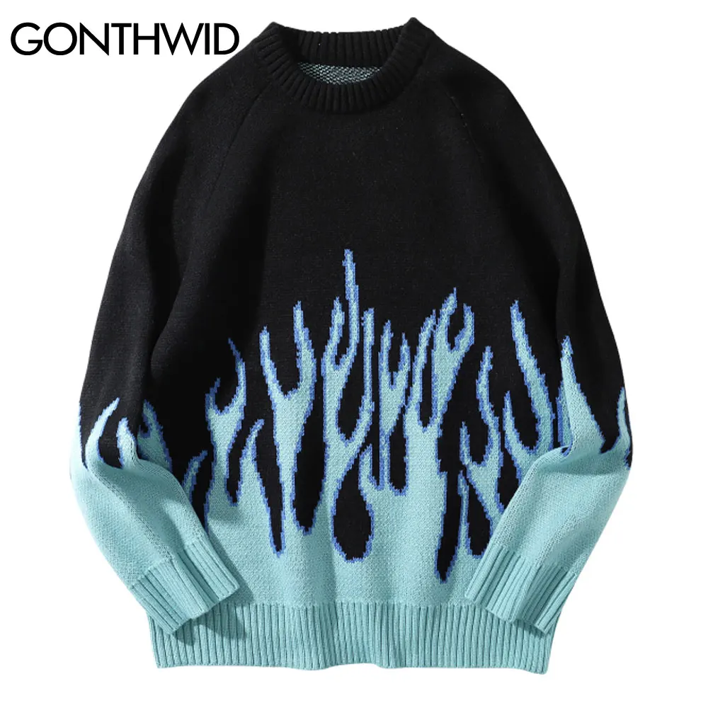 Gonthwid Hip Hop Sweaters Fire Flame Knitted Sweater Jumpers Streetwear ...