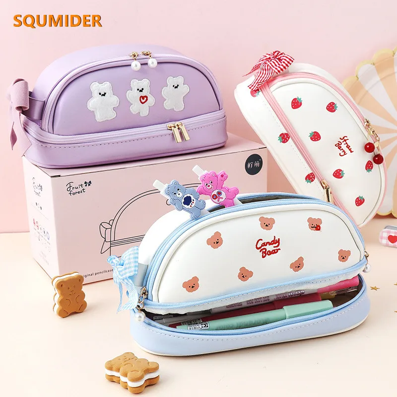 Cherry PU cute pencil case school Stationery storage bag Leather ...