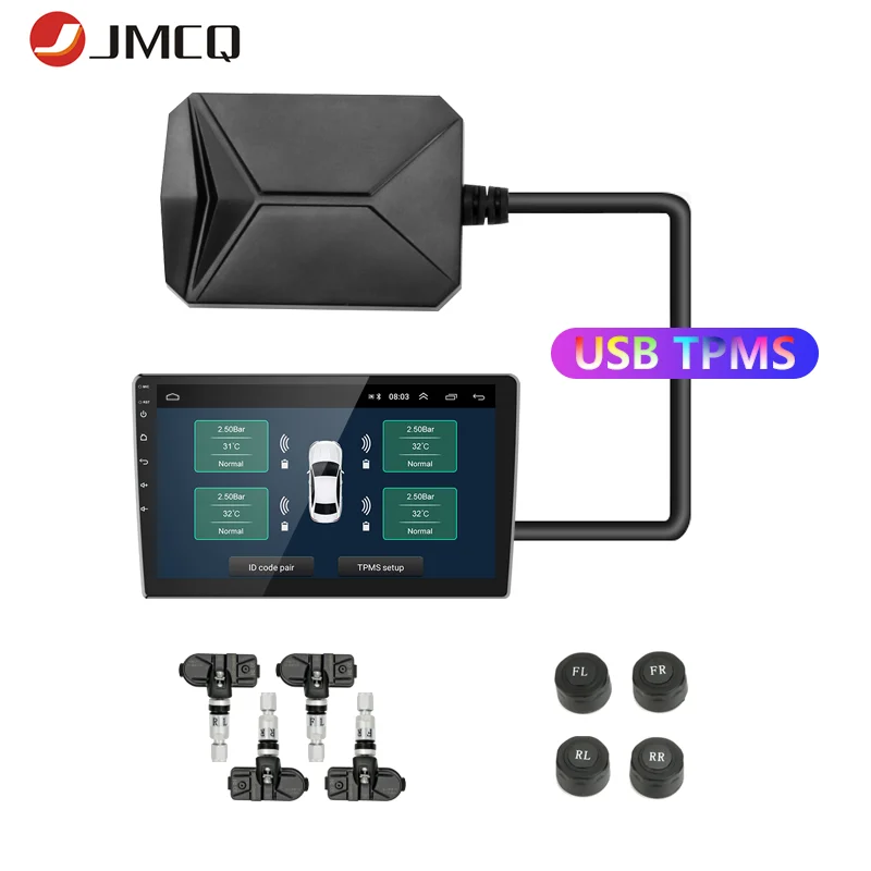 JMCQ USB 안드로이드 TPMS 타이어 압력 모니터링 시스템 디스플레이 4 센서, 안드로이드 자동차 DVD 라디오 멀티미디어 플레이어|타이어 기압알람| - AliExpress