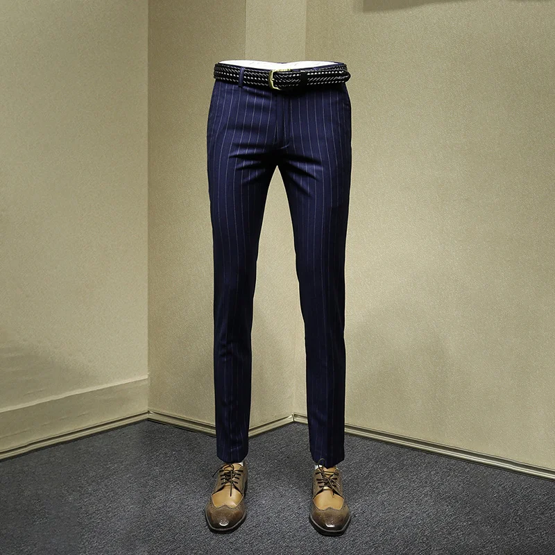 Men Pants Deep Blue Stripe Man Casual Streetwear Office Business Mens ...
