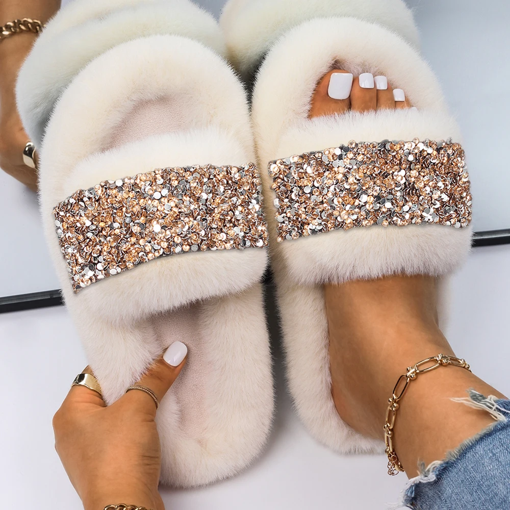 Luxury-Slippers-Bling-Faux-Fur-Fuzzy-Slides-Plush-Outdoor-Sandals ...