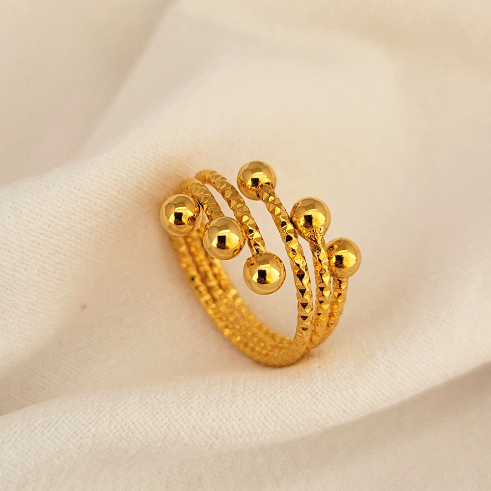 24K Gold Color Finger Rings For Women Multi Beads Open Ring Adjustable ...