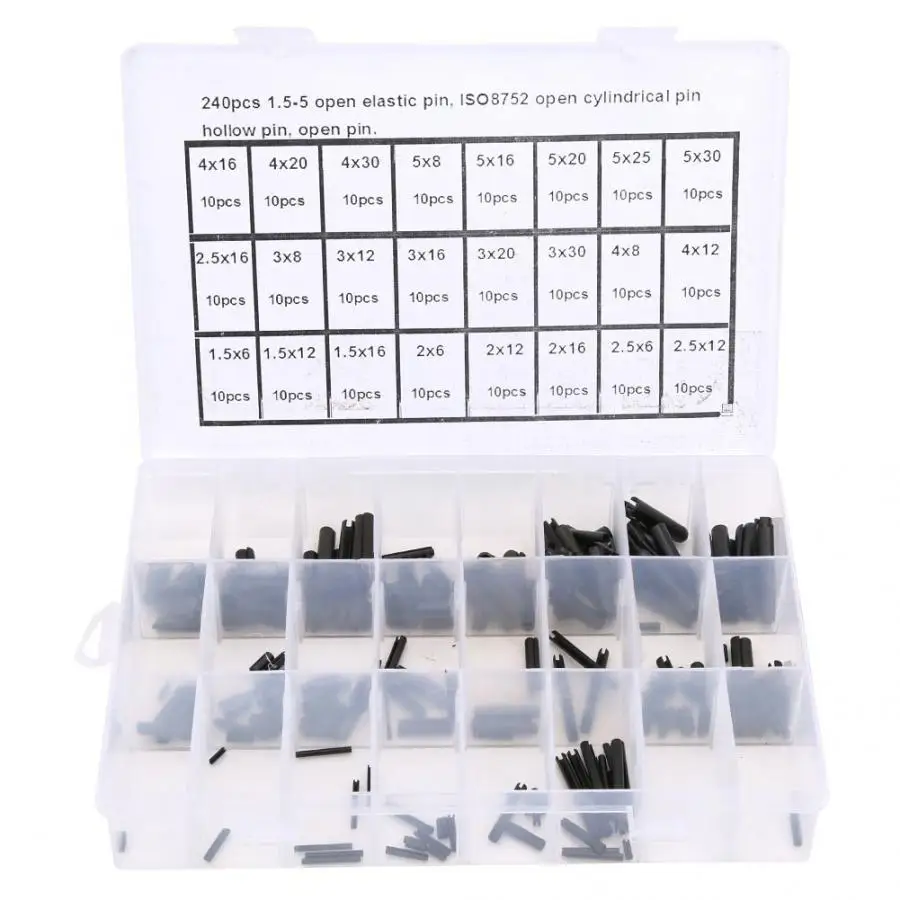 240Pcs 1.5/2/3/4/5mm Elastic Cylindrical Open Fixed Pin Carbon Steel ...