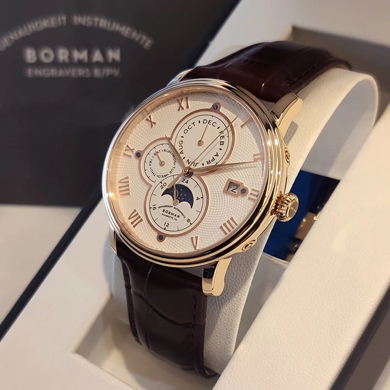 BORMAN 3 Dial Multifunction Mens Watches Luxury Brown Genuine Leather ...