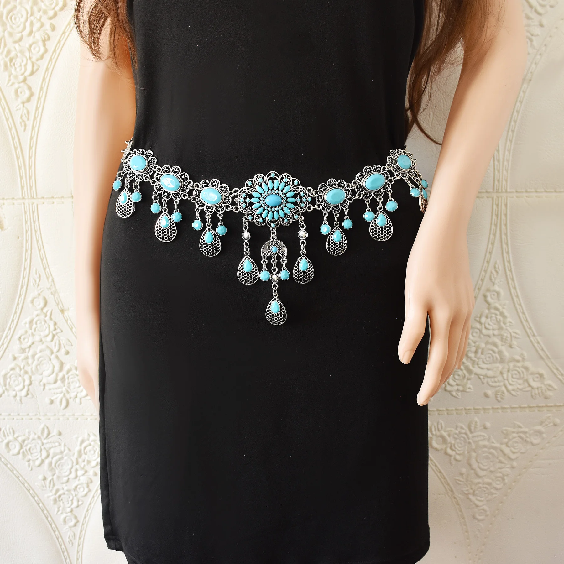 Bohemian Blue Stone Belly Chains for Women Vintage Metal Coin Tassel ...