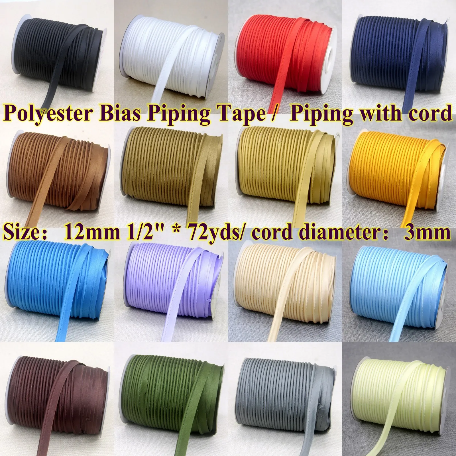 Polyester satin Bias Tape with cord,satin bias Piping tape,tube size:12mm*72yds,1/2",DIY sewing ...