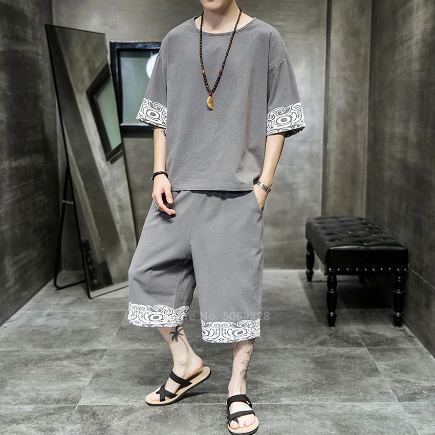 Summer-Japanese-Style-Clothing-Set-Samurai-Man-T-shirt-Trousers-Linen ...
