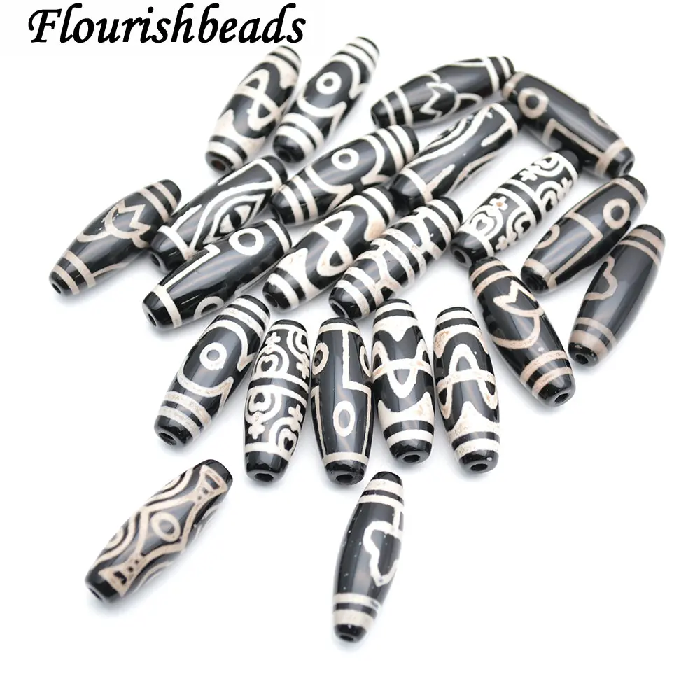 Mix Designs Natural Black Agate Long Barrel Tube Stone Dzi Loose Beads ...