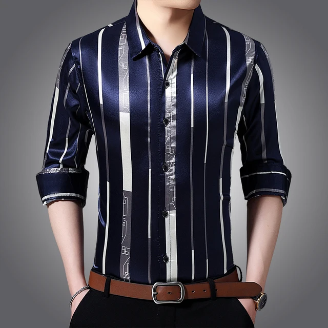 Male Silk Clothes Spring Long Sleeve Striped Silk Shirts Mens Caual ...