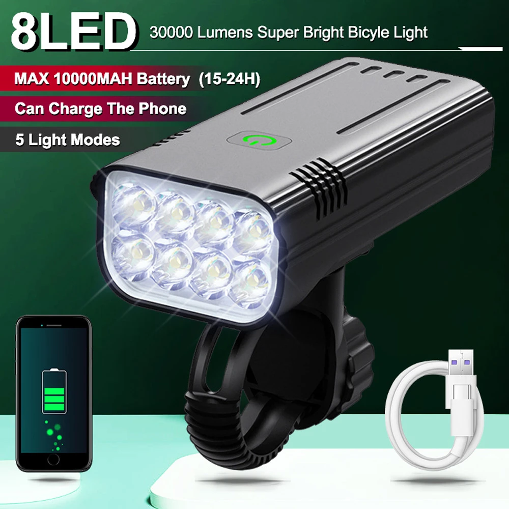 8LED 30000LM Ultra Bright Bicycle Light USB Rechargeable LED Bike ...