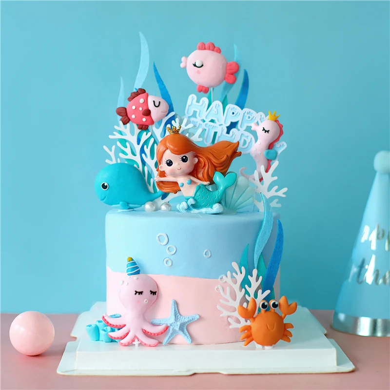 Ins 크라운 인어 장식 레이저 블루 피시테일 케이크 토퍼 어린이 날 파티 용품 생일 디저트 귀여운 선물케이크 데코용품