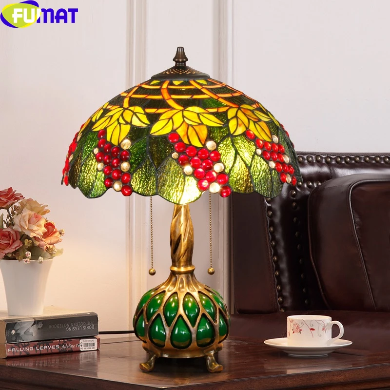 Fumat Tiffany Style Desk Lamp Red Grape Vines Yellow Leaves Shade ...