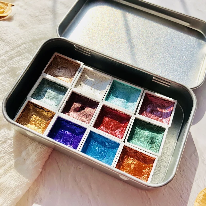 Ручной работы 12 цветов Блеск Воды Цвет Набор Acuarelas металлик золото ...