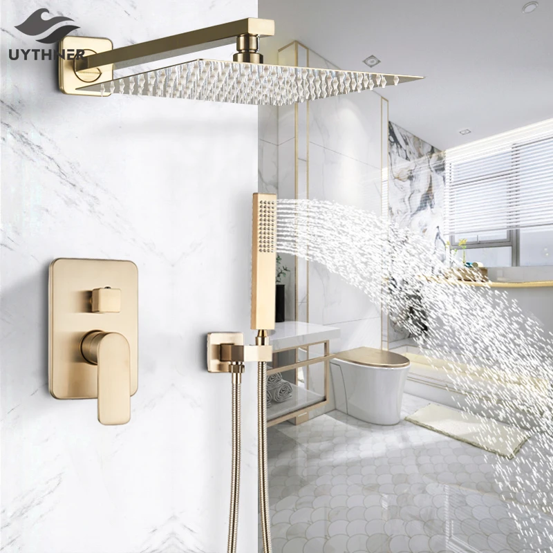 Brushed Golden Shower Faucet Wall Mounted 8" Rainfall Bath Shower Faucet Set With Handshower ...
