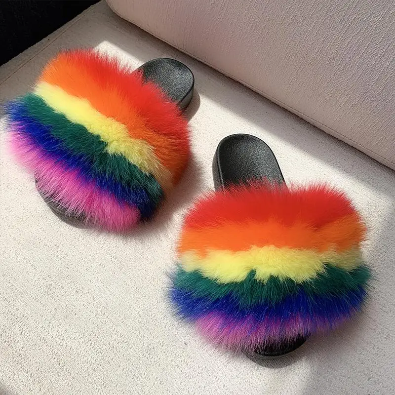 Real-Fox-Fur-Slippers-Fluffy-Slides-Women-Furry-Sandals-Open-Toe-Beach ...