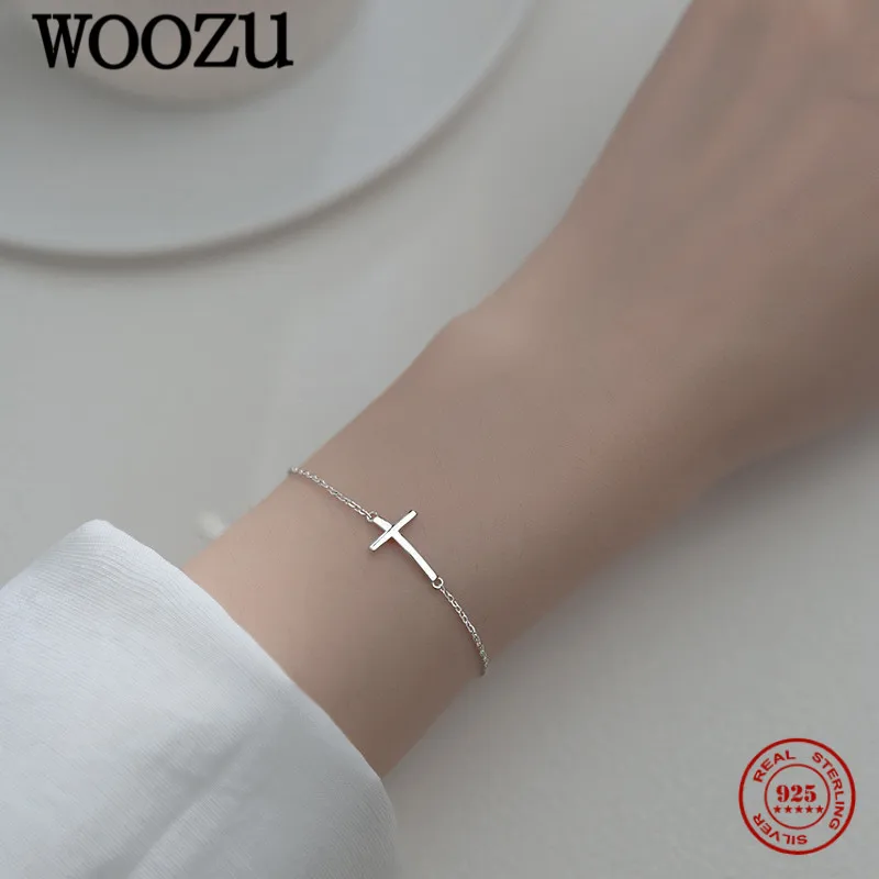WOOZU-925-Sterling-Silver-Geometric-Simple-Gloss-Cross-Charm-Bracelets-For-Women-Personality ...