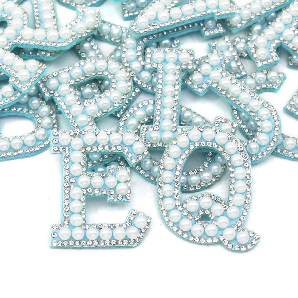 A Z Pearl Letter Patches Blue Base Rhinestone Patches For Clothes Clear ...