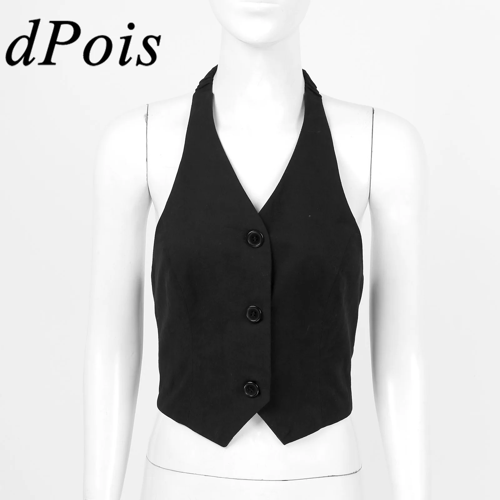 Women Classic Halter Suit Vest Backless Button Down Sleeveless Vests ...