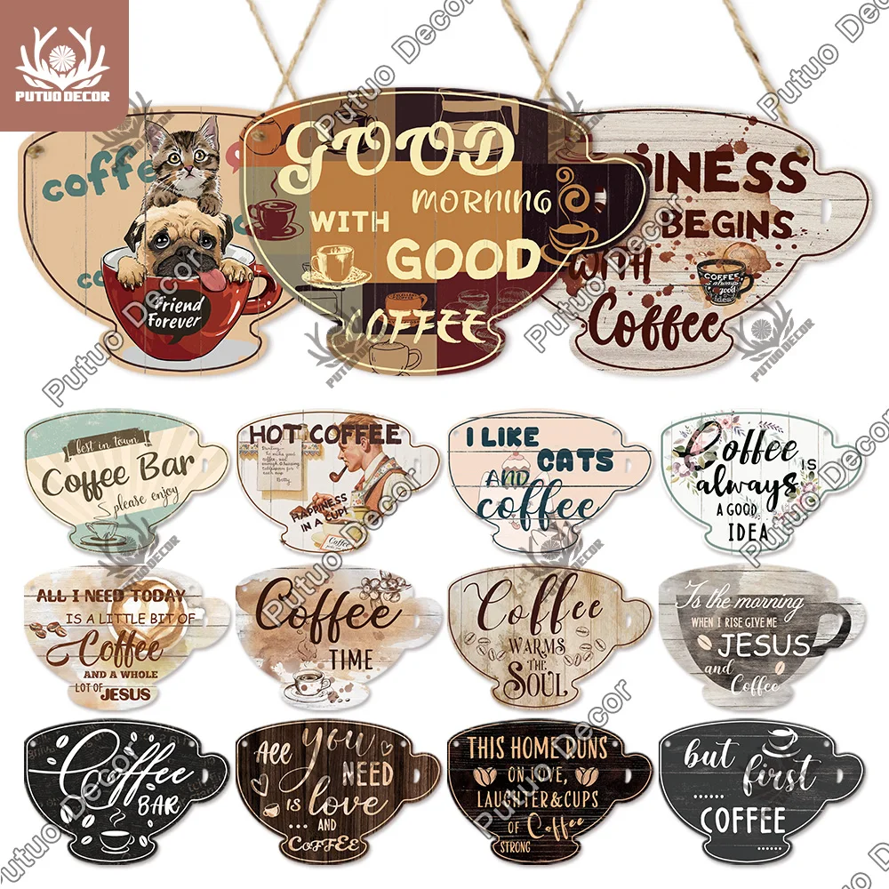 Putuo Decor Coffee Sign Cup Shaped Plaque Rustic Wooden Hanging Sign ...