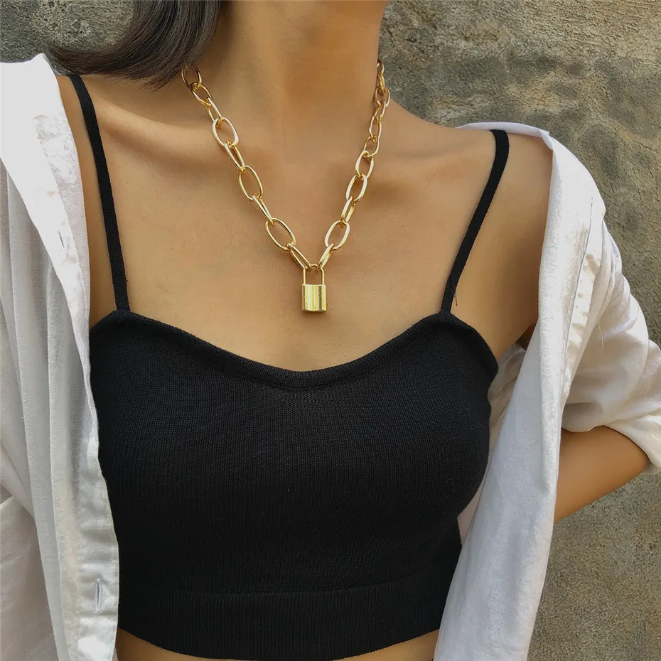 Gold Color Lock Pendant Curb Cub Thick Choker Necklace | Muduh Collection