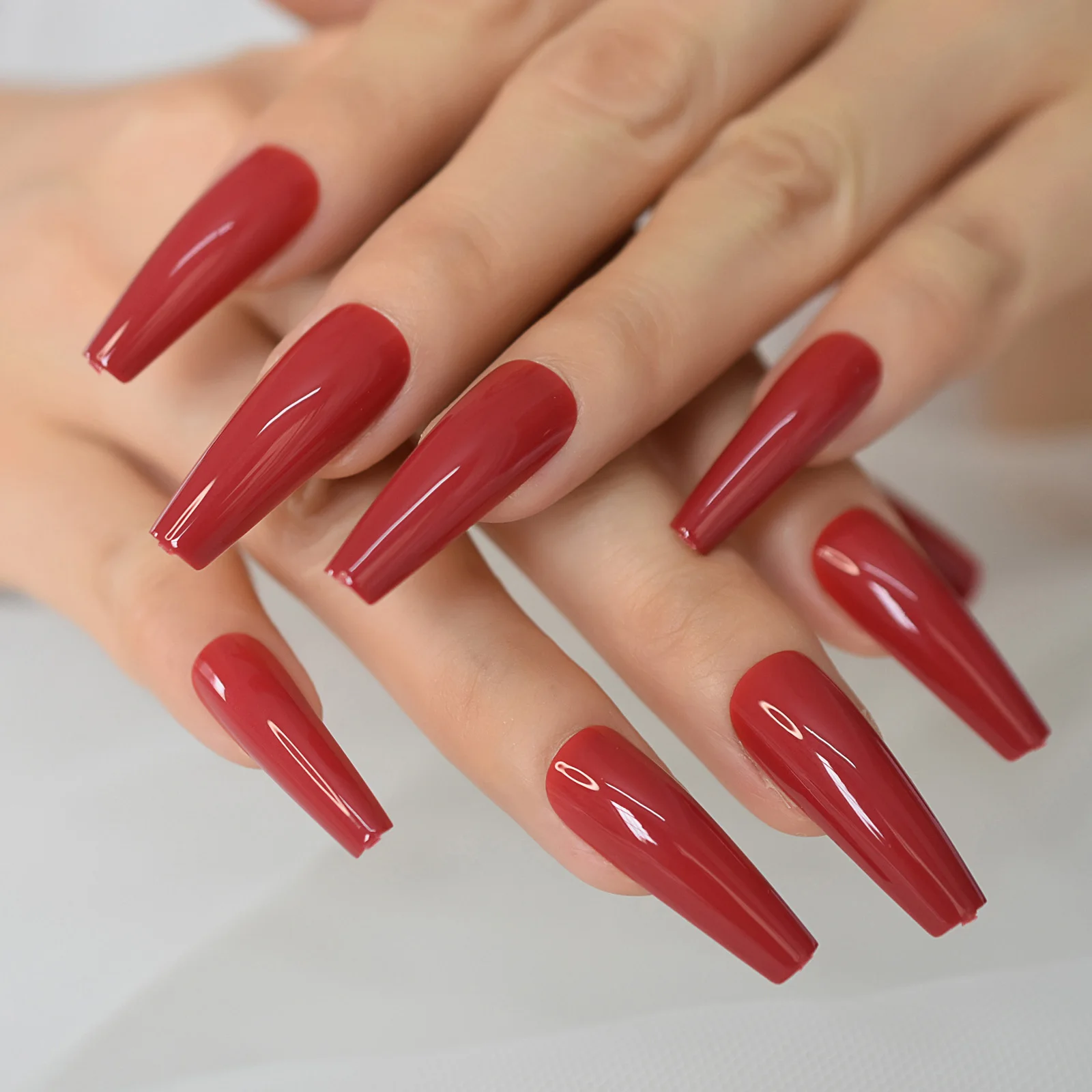 Red Hot Fake Nails Extra Long Coffin Artificial Nails Press On Solid ...