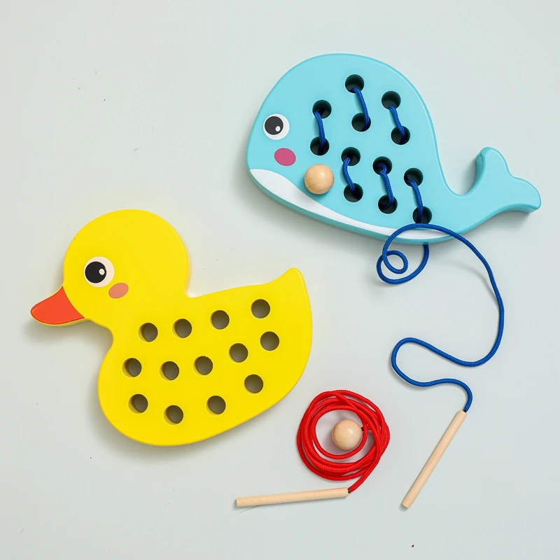 1Set Montessori Wooden Duck Cartoon Board Threading Preschool Toys Hand ...