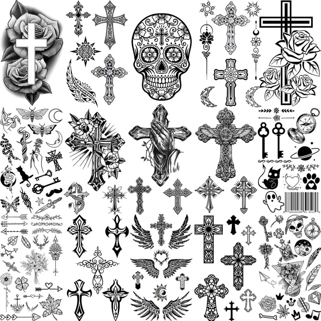 Small-Black-Cross-Temporary-Tattoos-For-Women-Men-Rose-Flower-Skull ...