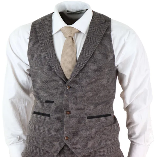 2020 Brown Mens Suits Wool 3 Piece Check Costume Homme Tweed Tailored ...