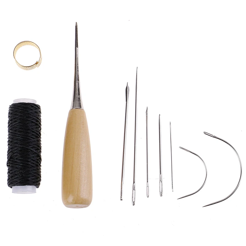 1Set Leather Sewing Needles Stitching Awl Needle Thread Thimble Shoe ...