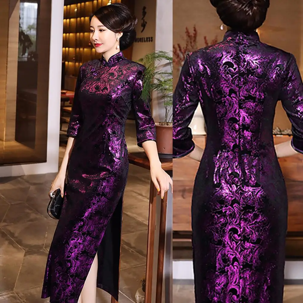 Elegant Chinese Qipao Cheongsam Floral Print 3/4 Sleeve Qipao Dress ...