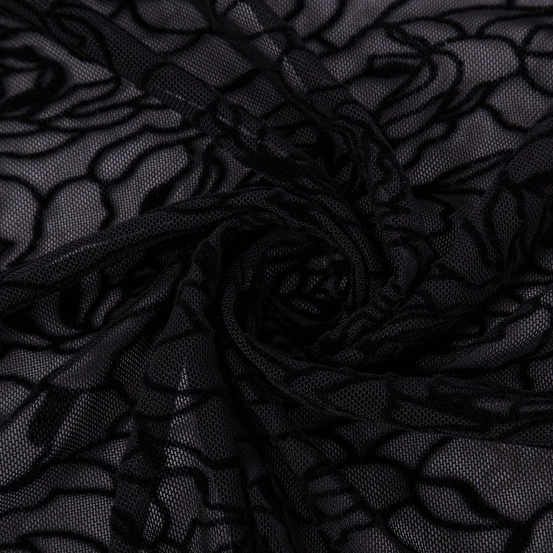 1m*1.45m Hollow Rose Lace Embroidered Flocking Mesh Fabric Stretch Mesh ...