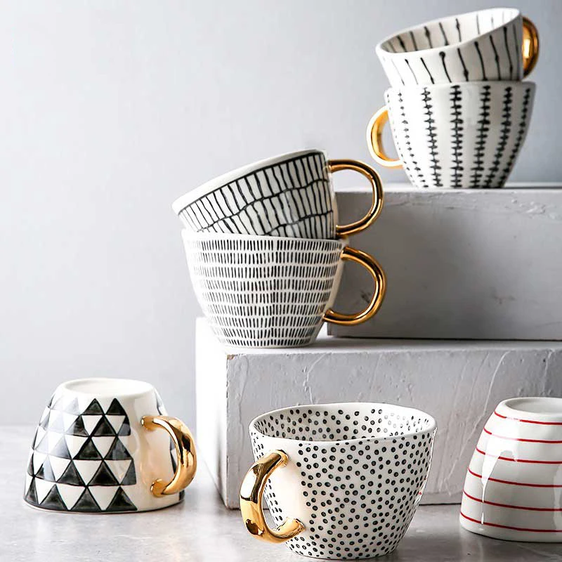 Hand Painted Geometric Ceramic Mugs With Gold Handle Handmade Irregular ...
