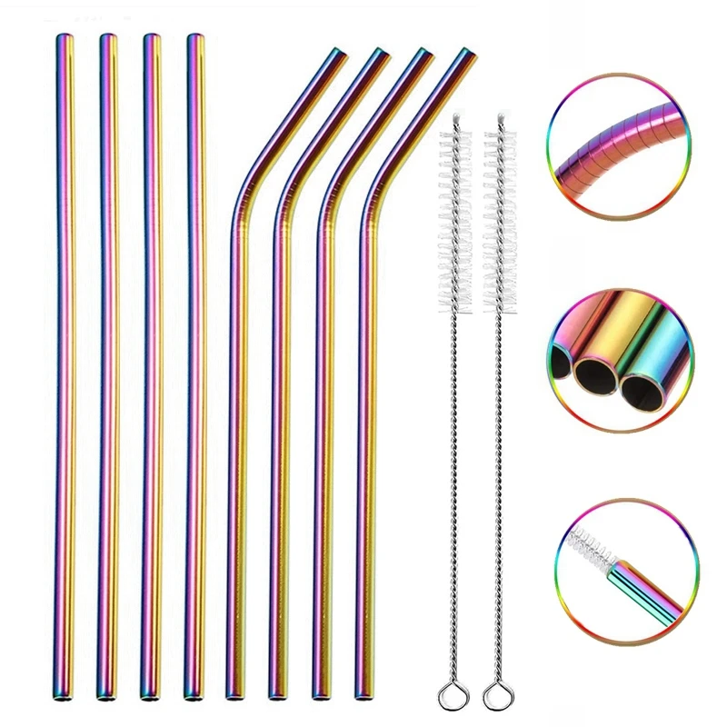 Rainbow Color Reusable Metal Straws Set With Cleaner Brush 304 ...