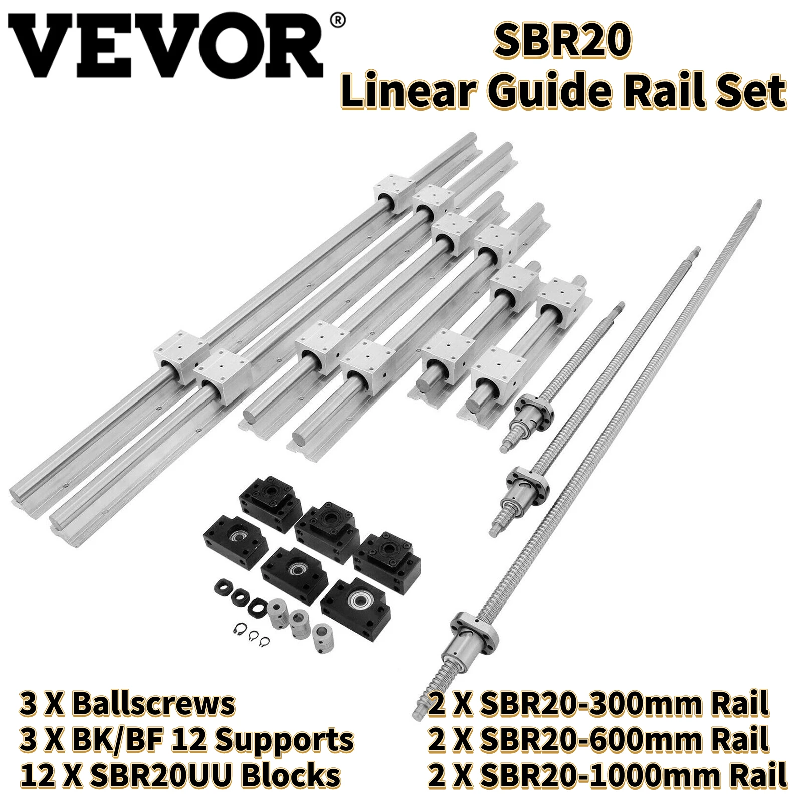VEVOR 6 sztuk SBR20 300mm 600mm 1000mm prowadnica liniowa + 3 sztuk + 3 ...