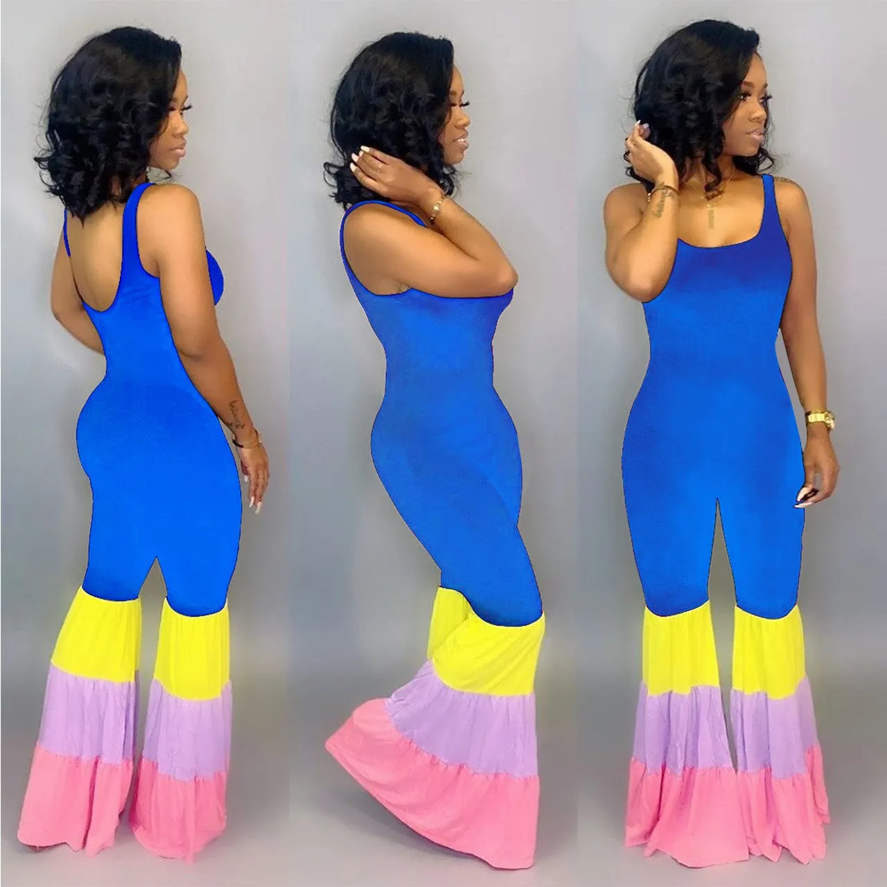 3 Colors Sexy Sleeveless Jumpsuit Elegant New Gradient Color Strip ...