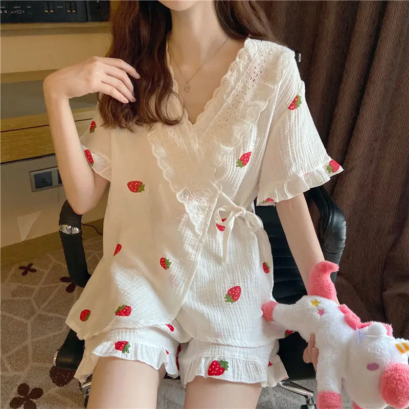 Japanese Pajamas for Women Summer Cotton Cut Strawberry Print Pyjamas ...