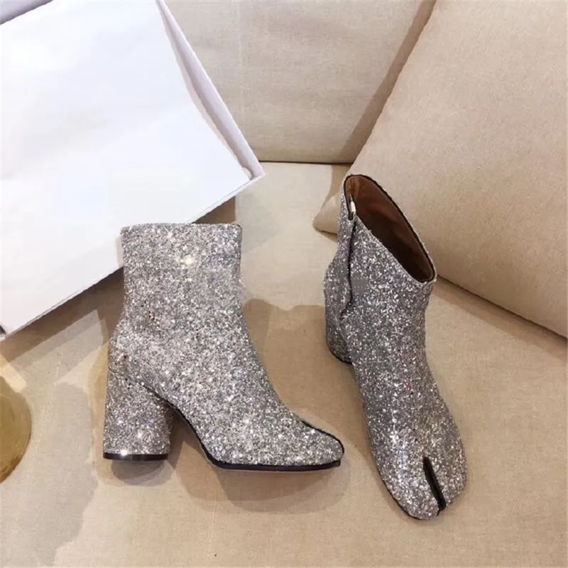 Design Tabi Boots Split Toe Chunky High Heel Women Boots Leather ...