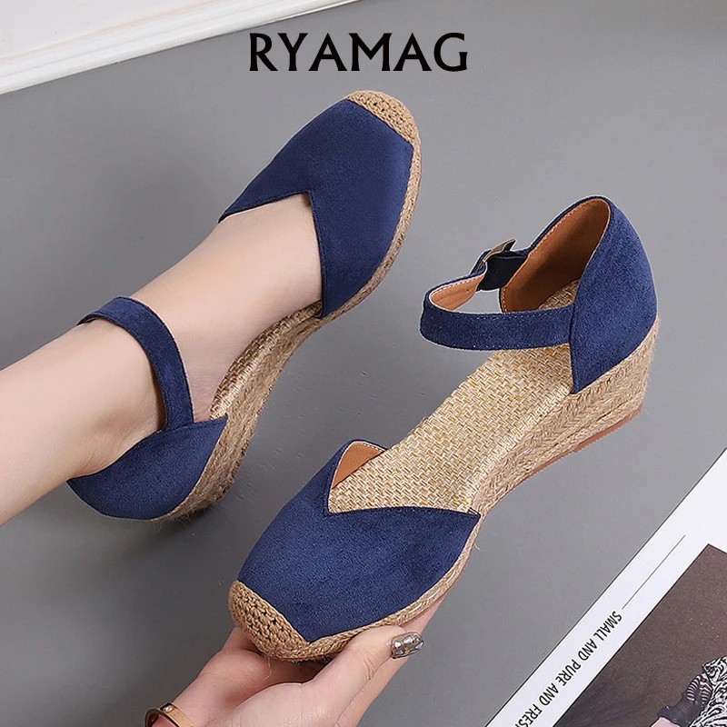 Ryamag 여성용 캐시미어 에스파드리유 플랫폼 웨지 스트리퍼 샌들 힐 신발 여성 슬리퍼 앵클 버클중 힐