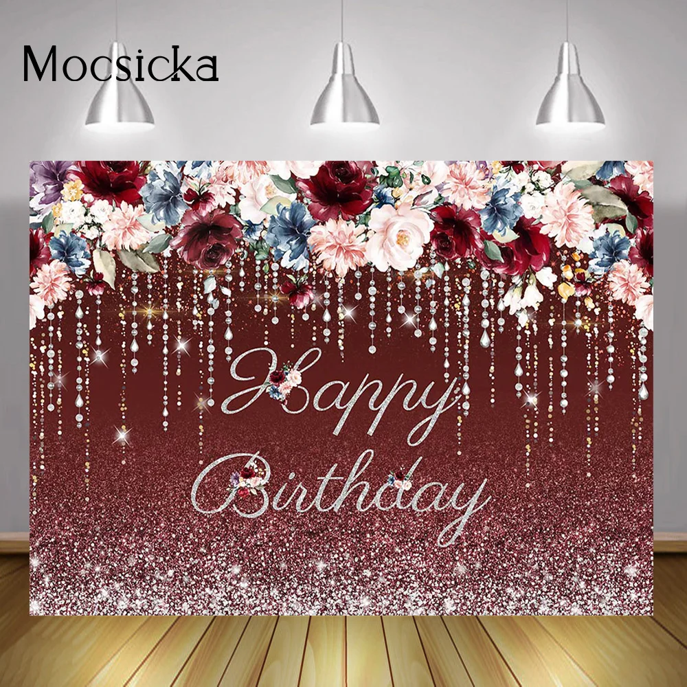Floral Purple Adult Birthday Backdrop Flowers Sliver Glitter Photo ...